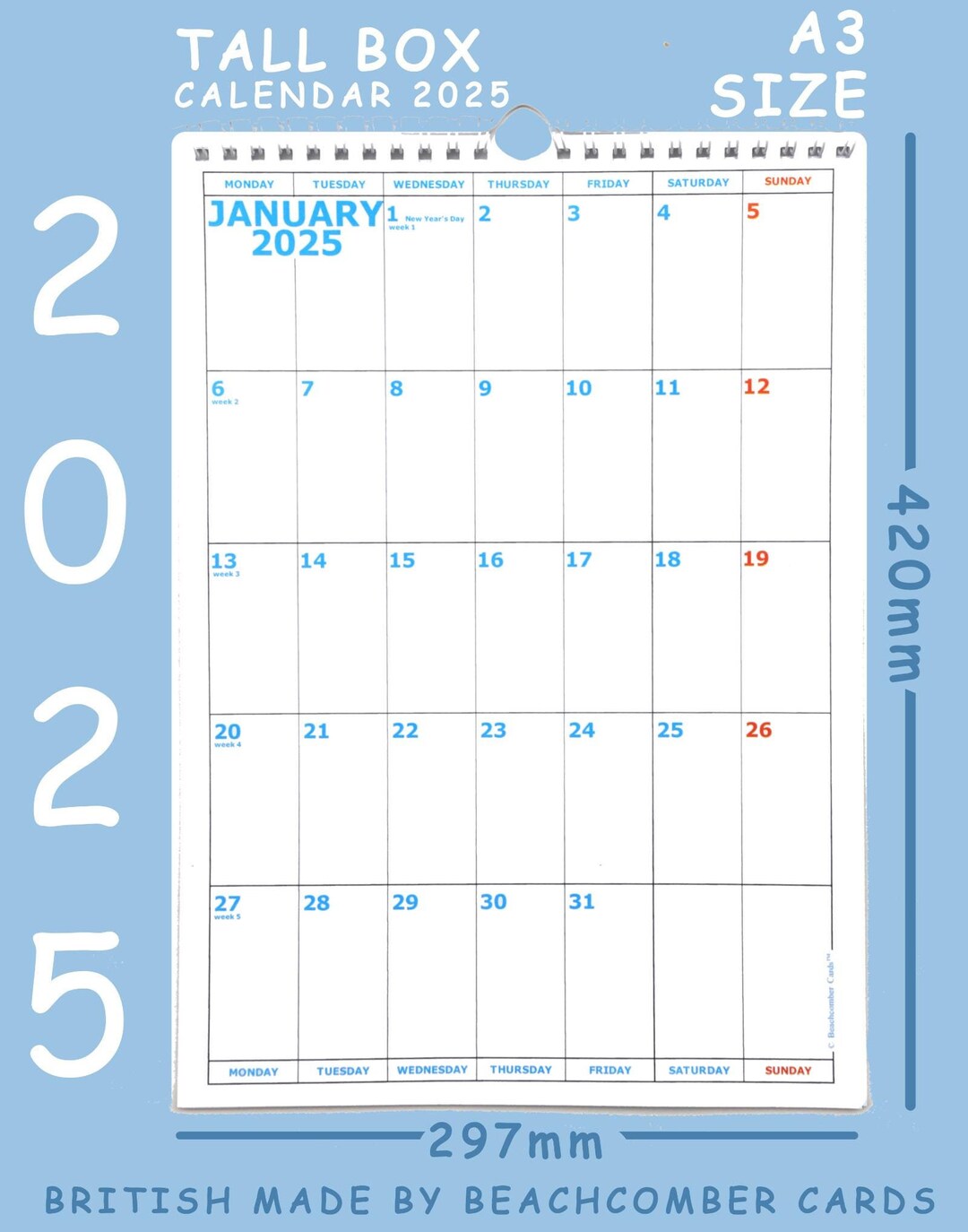 A3 CALENDAR 2025 TALL BOX Design by Beachcomber Cards - Etsy