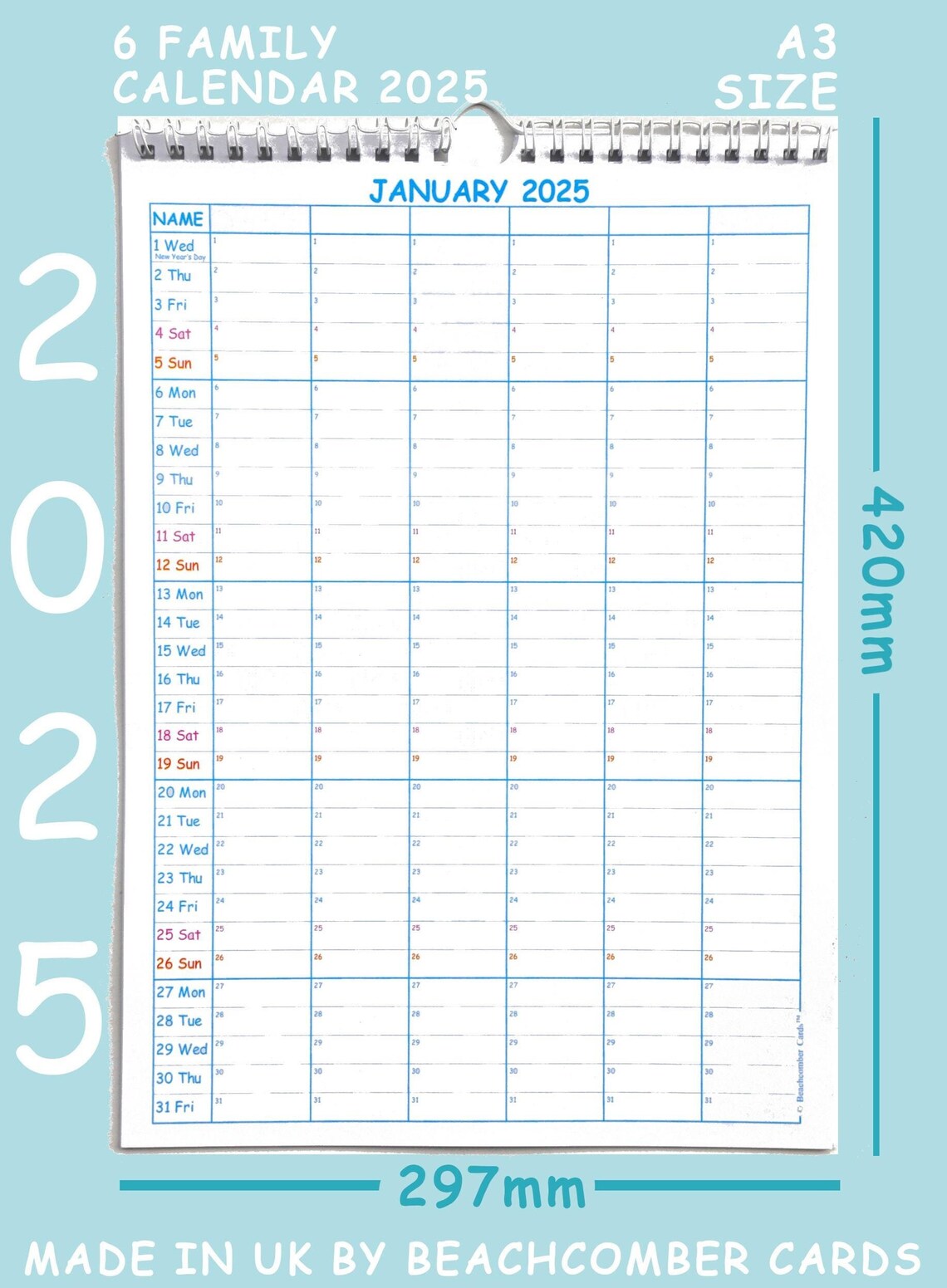 6 FAMILY / ROTA Calendar / Planner 2025 - A3 Size - Made in UK - Etsy UK
