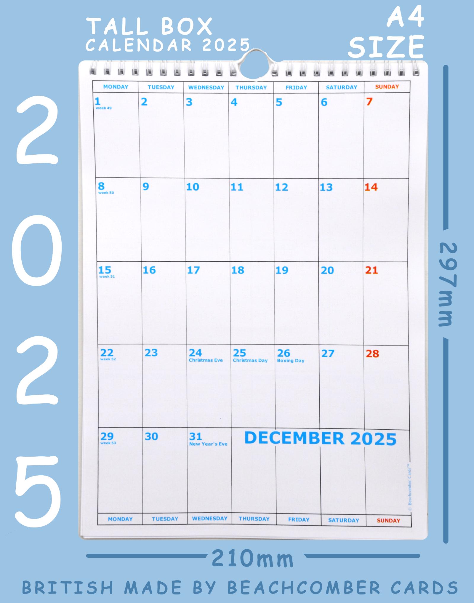2025 CALENDAR, Tall Box, A4 Size, British Made - Etsy UK