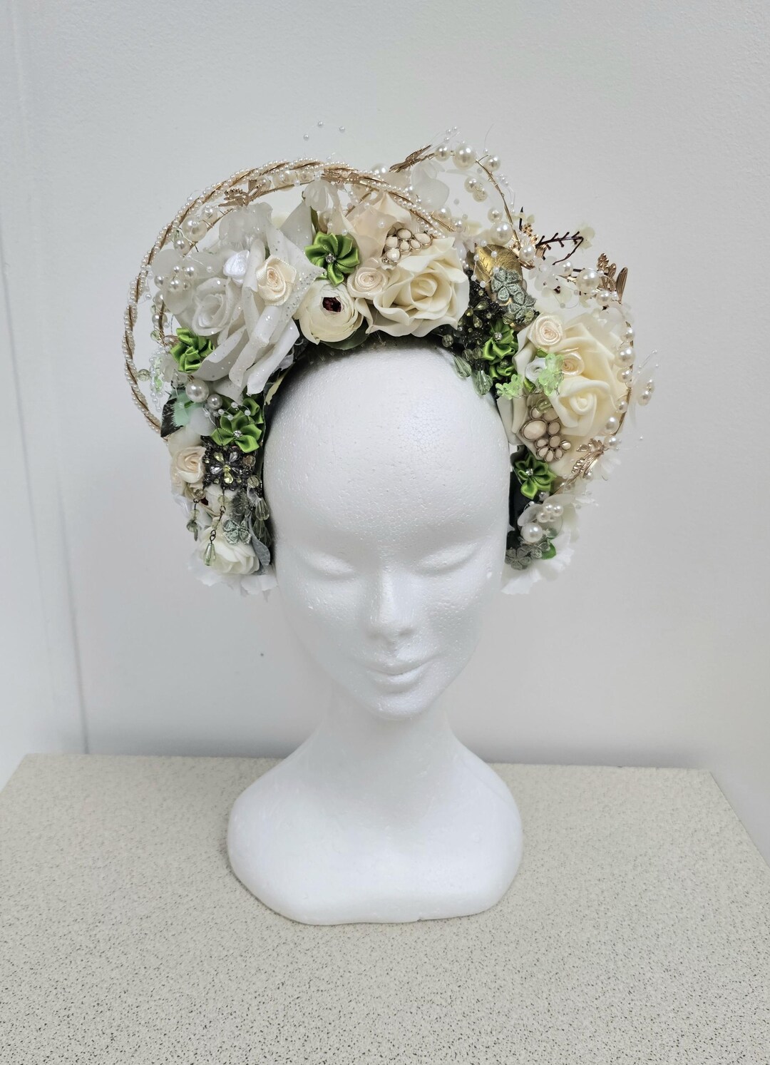 Headdress Crown Tiara Artificial Flowers White and Green Tones ...