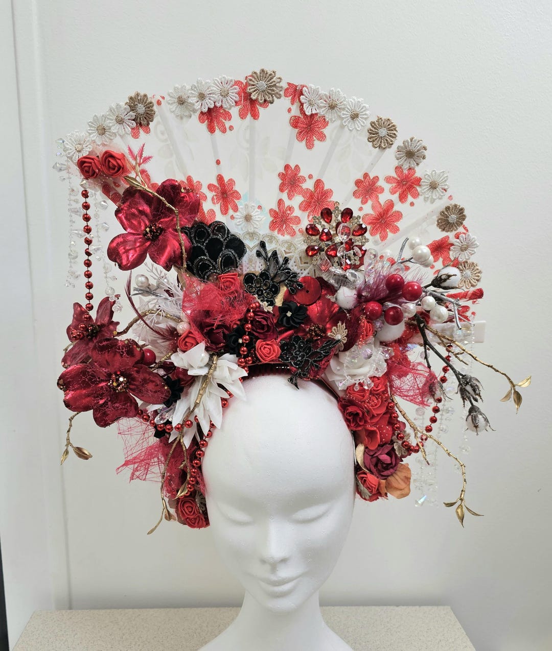 SALE Headpiece Crown Diadem Halo Fan Artificial Flowers Red Gold and ...
