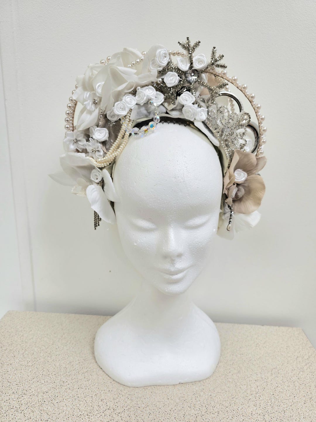 Headdress Crown Tiara Artificial Flowers White Tones Burlesque Fantasy ...