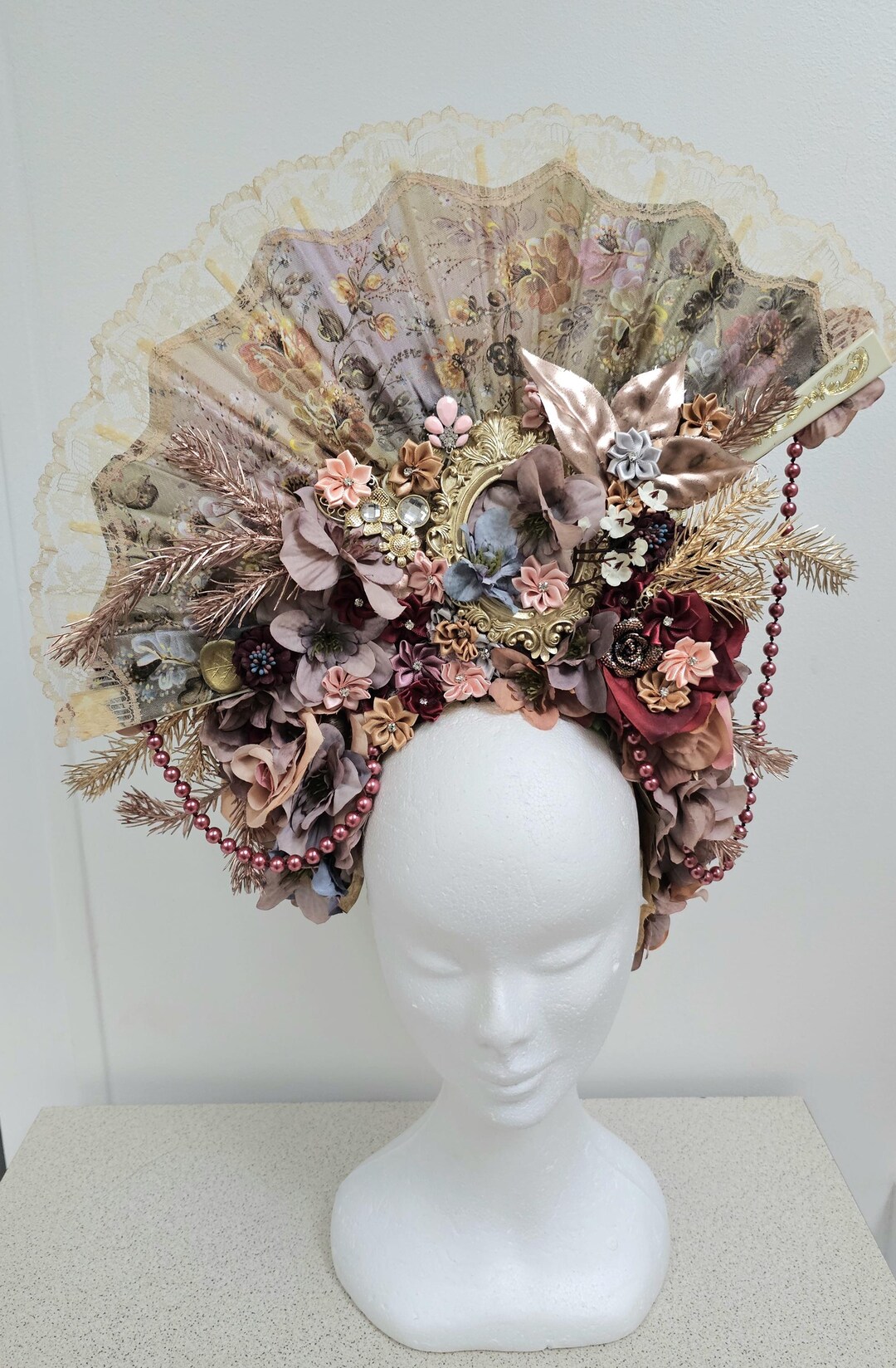 SALE Headpiece Crown Diadem Halo Fan Artificial Flowers Gold Bronze and ...