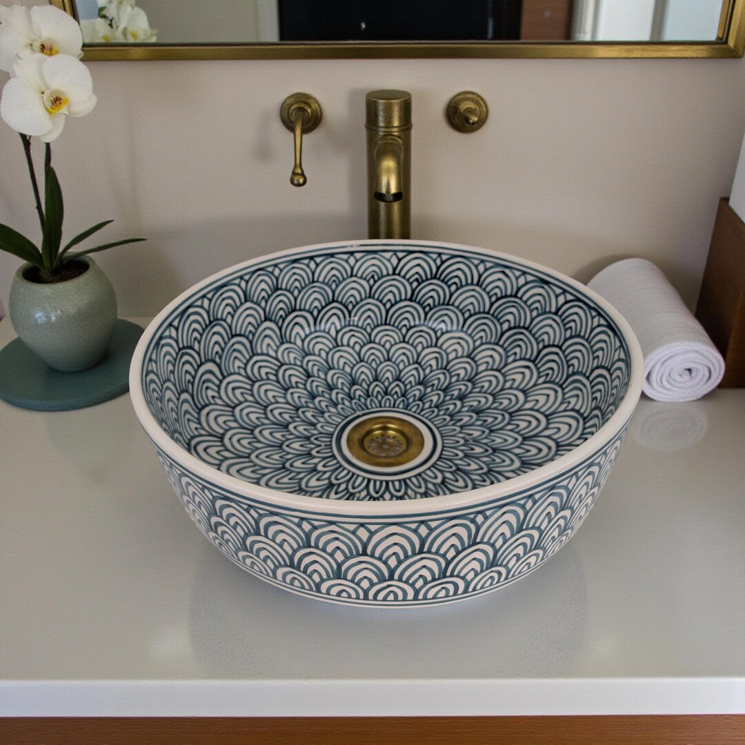 Modern Blue Ceramic Sink – Hand-painted Moroccan Basin, Artisan Round ...