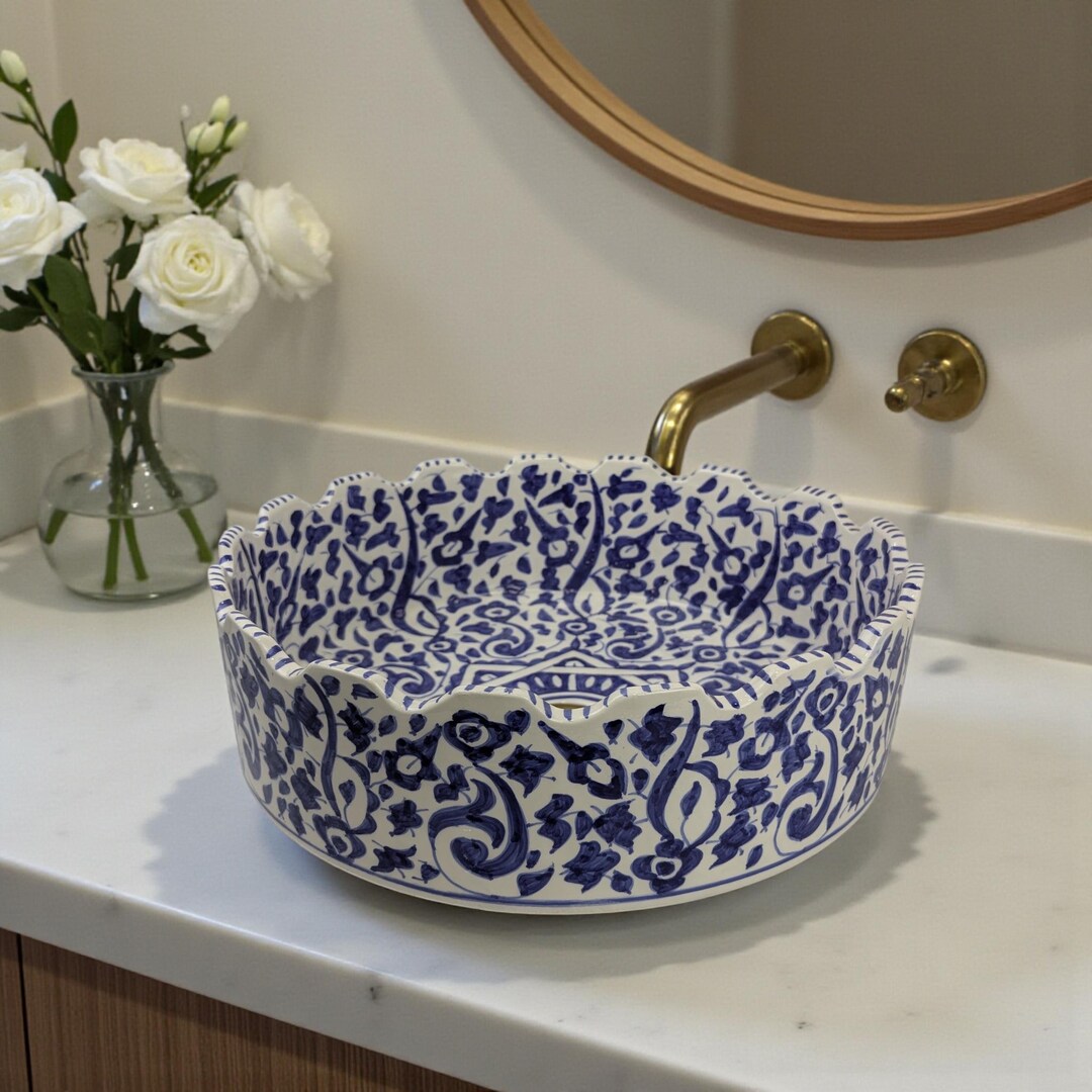 Blue and White Moroccan Ceramic Sink With Scalloped Edge – Hand-painted ...