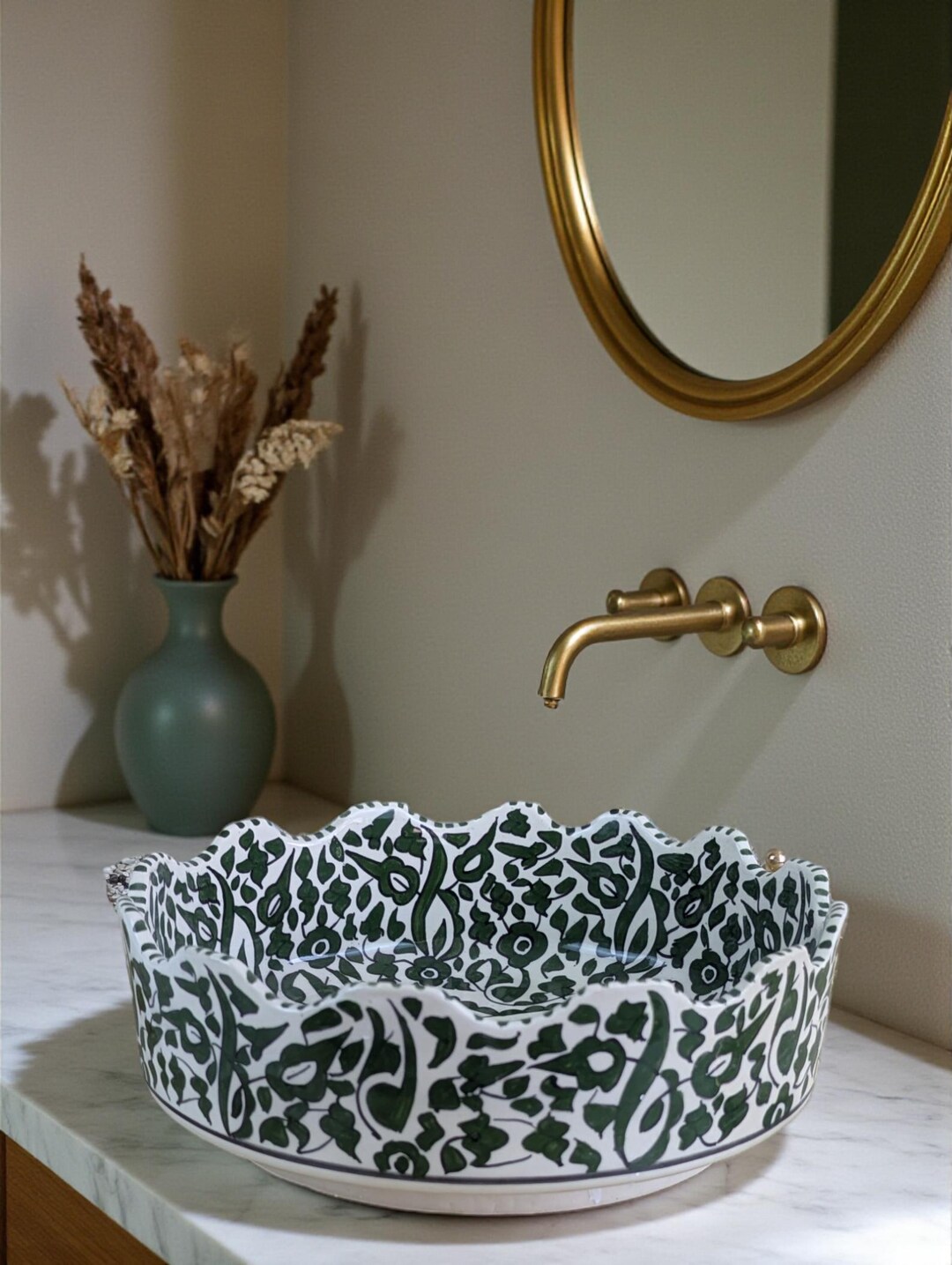 Green and White Moroccan Ceramic Sink With Scalloped Edge – Hand ...