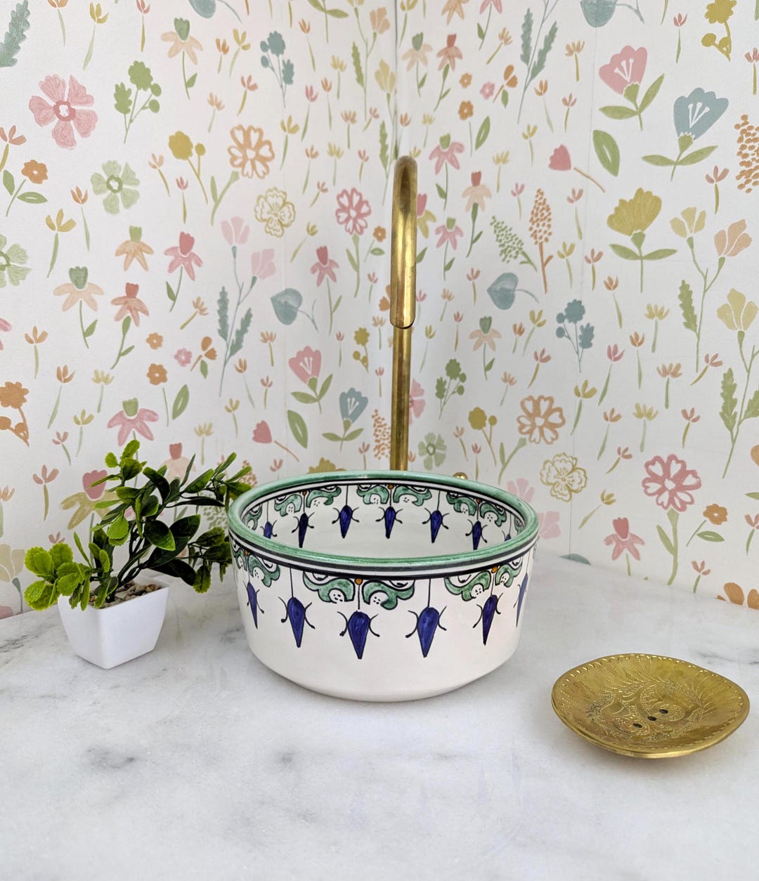 Modern Green Ceramic Sink – Hand-painted Moroccan Basin, Artisan Round ...