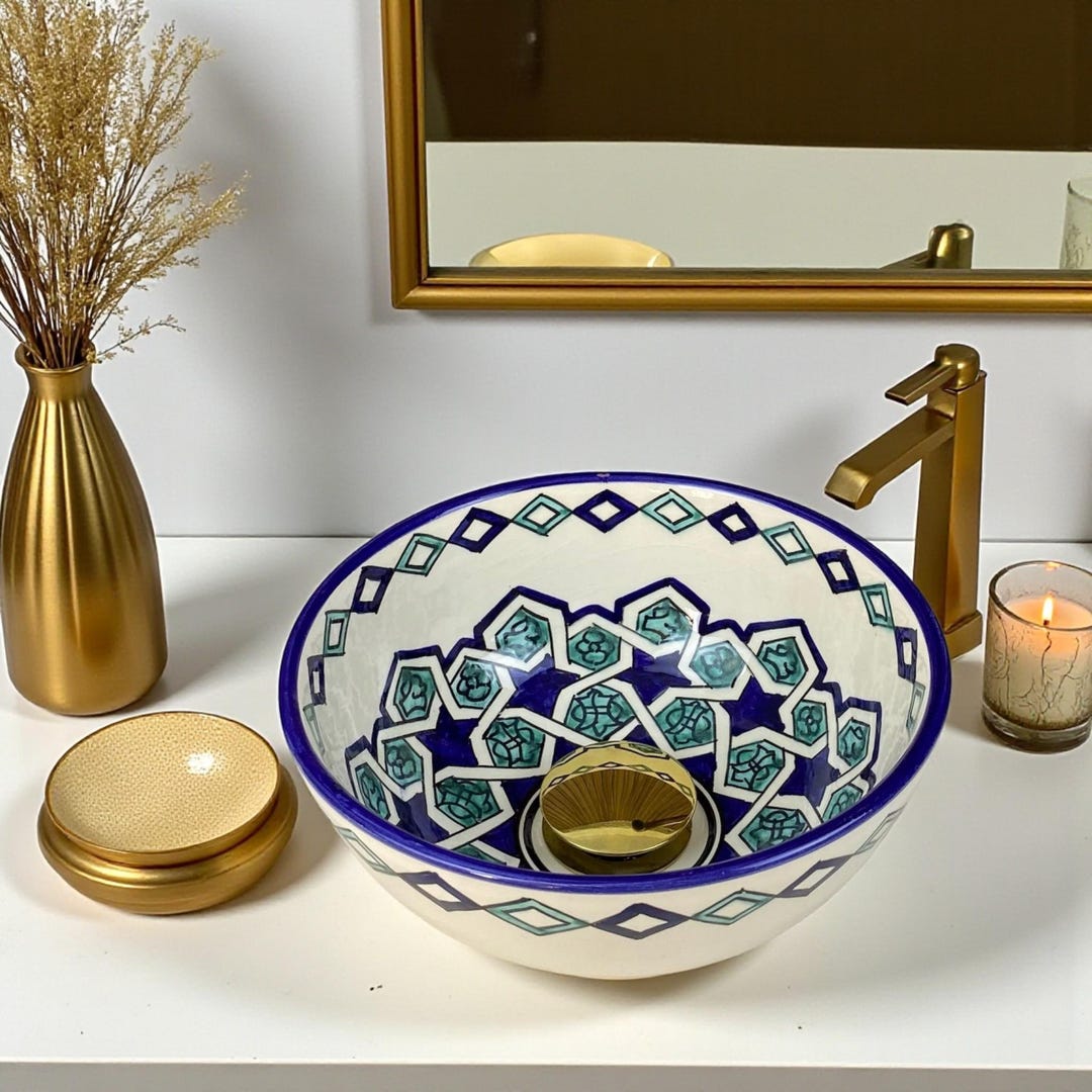Modern Blue Ceramic Sink – Hand-painted Moroccan Basin, Artisan Round ...