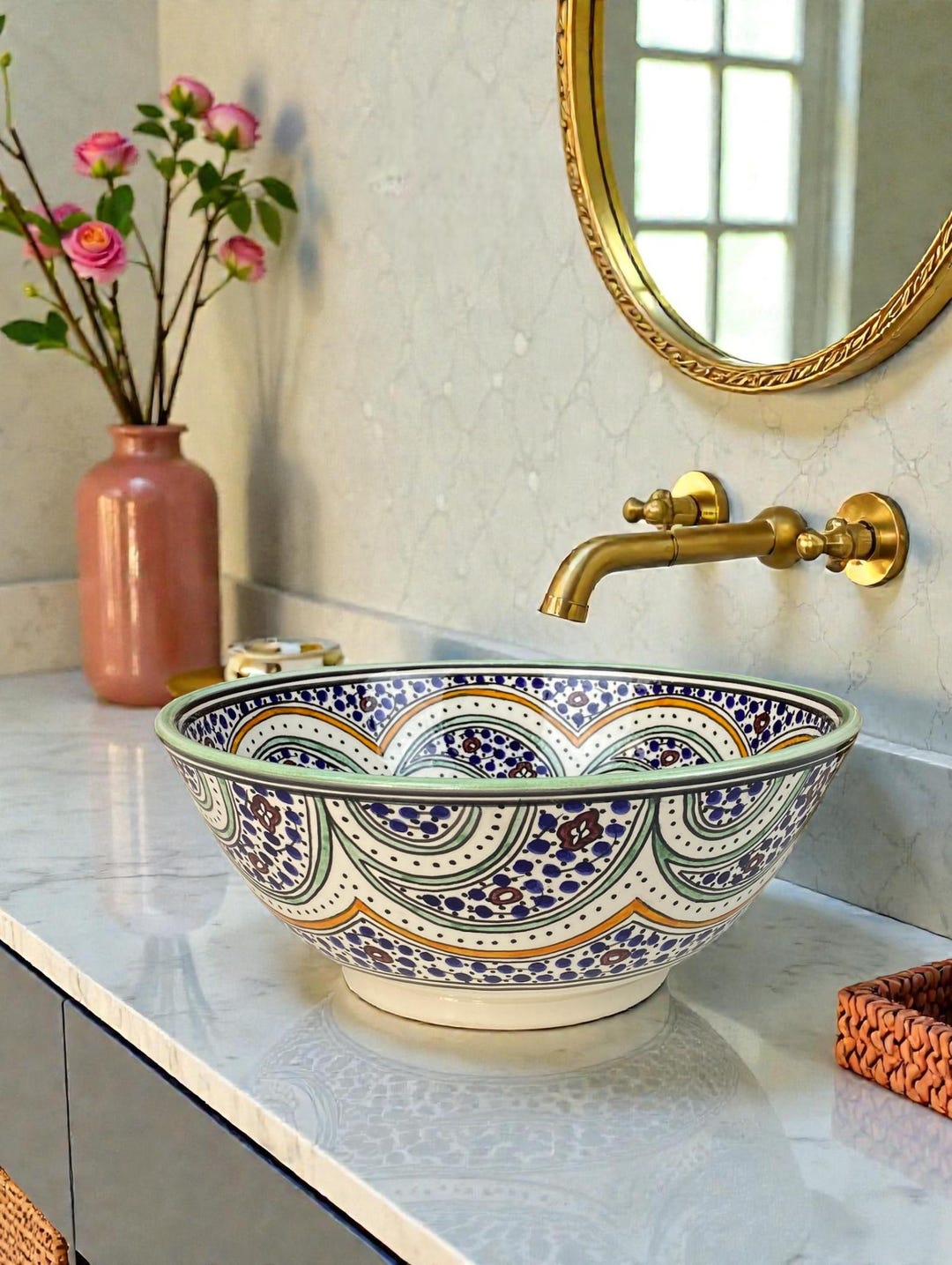 Moroccan Ceramic Sink – Hand Painted Star and Floral Pattern, Green ...