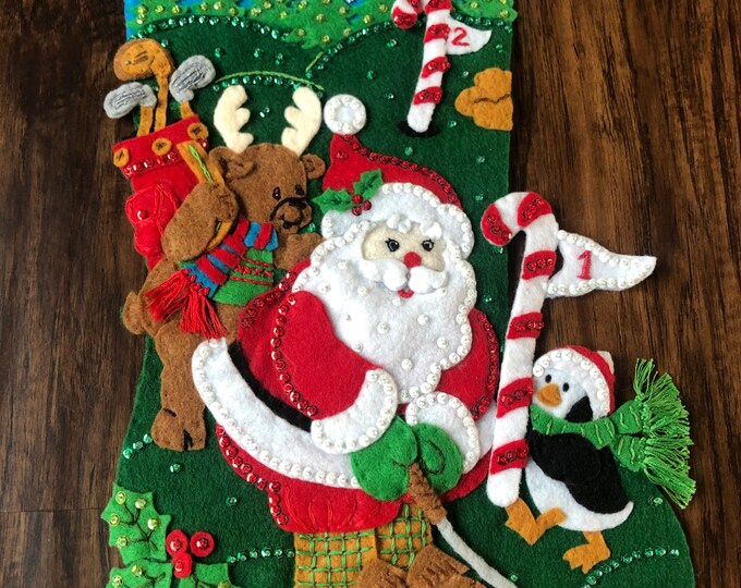 Finished Bucilla Stocking in Pattern golfing Santa. Ready to Ship - Etsy