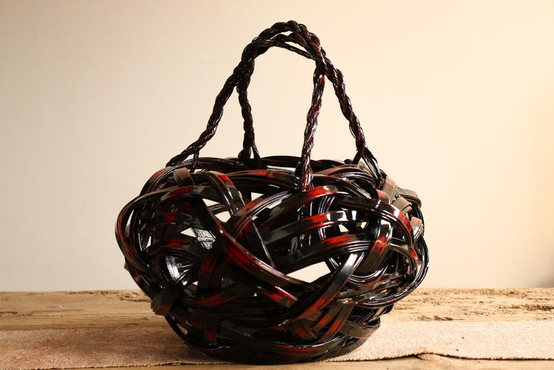 Japanese Lacquered Bamboo Ikebana Basket – Sculptural Hanakago With ...