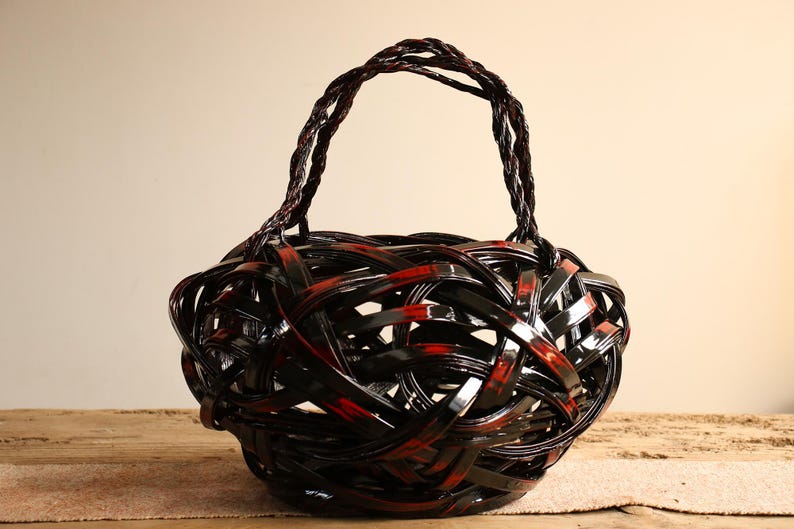 Japanese Lacquered Bamboo Ikebana Basket – Sculptural Hanakago With ...