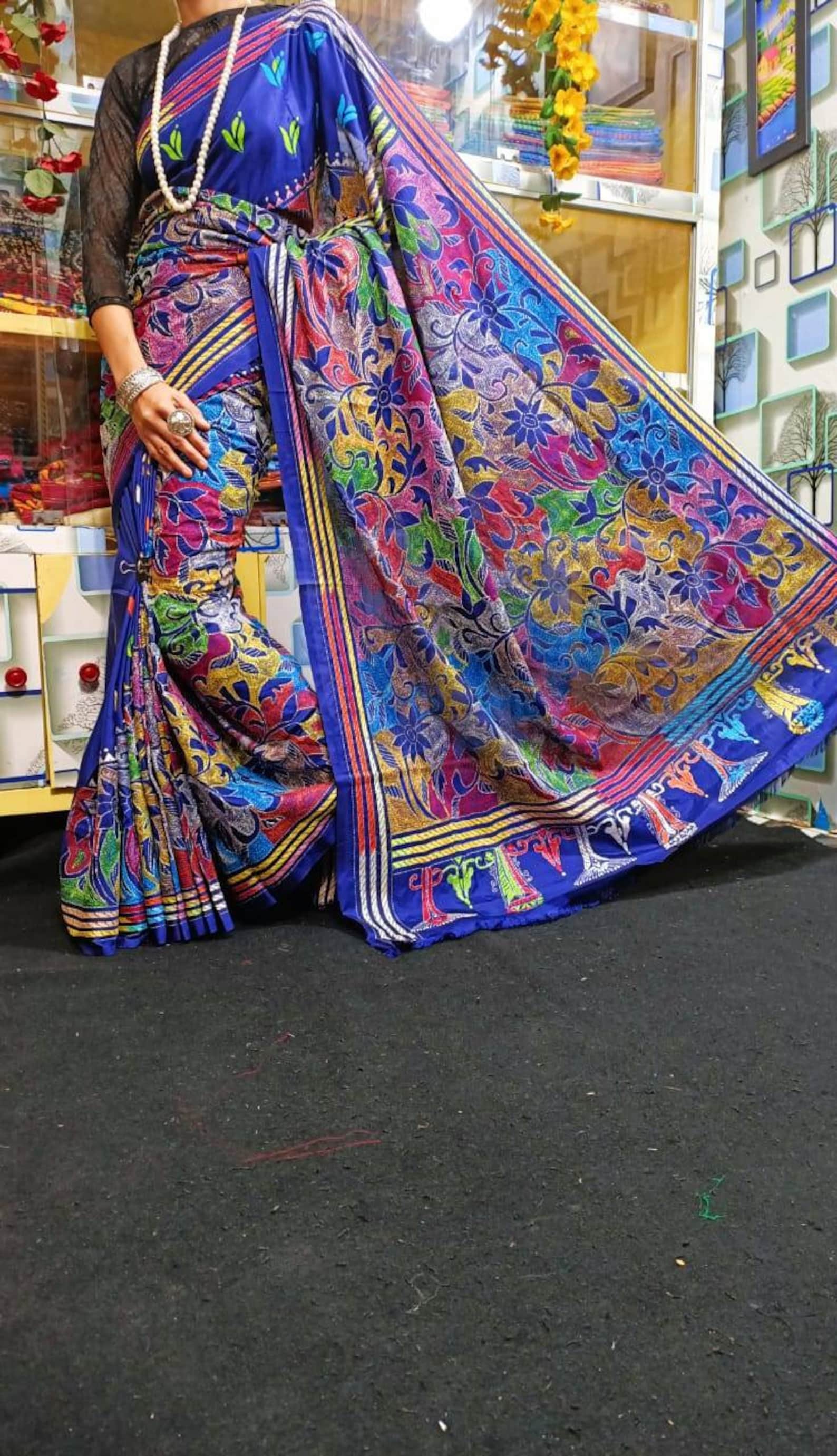 Hand Kantha Stich Saree Over Blended Bangalore Silk and - Etsy