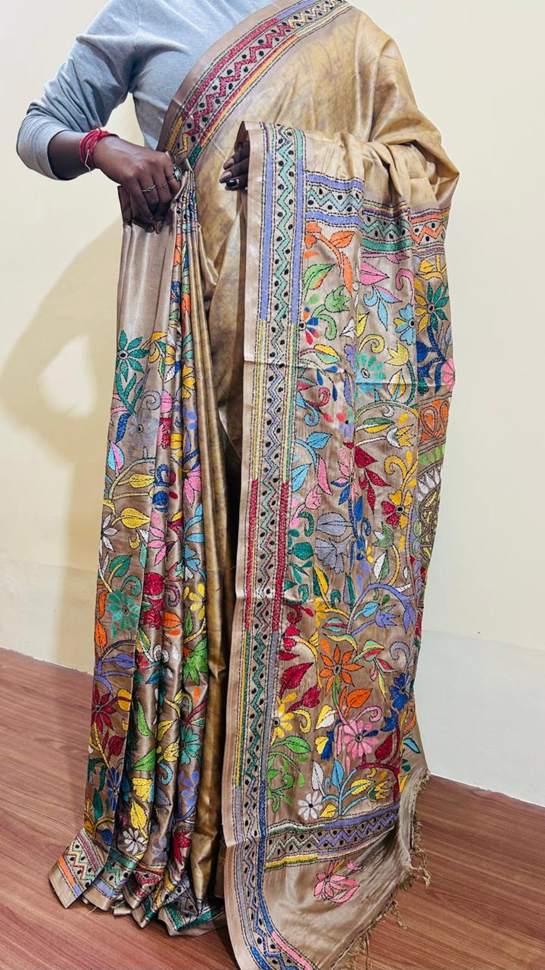 Batik Kantha Stich Saree| Dark Tussar Colour Kantha Saree | Blended ...