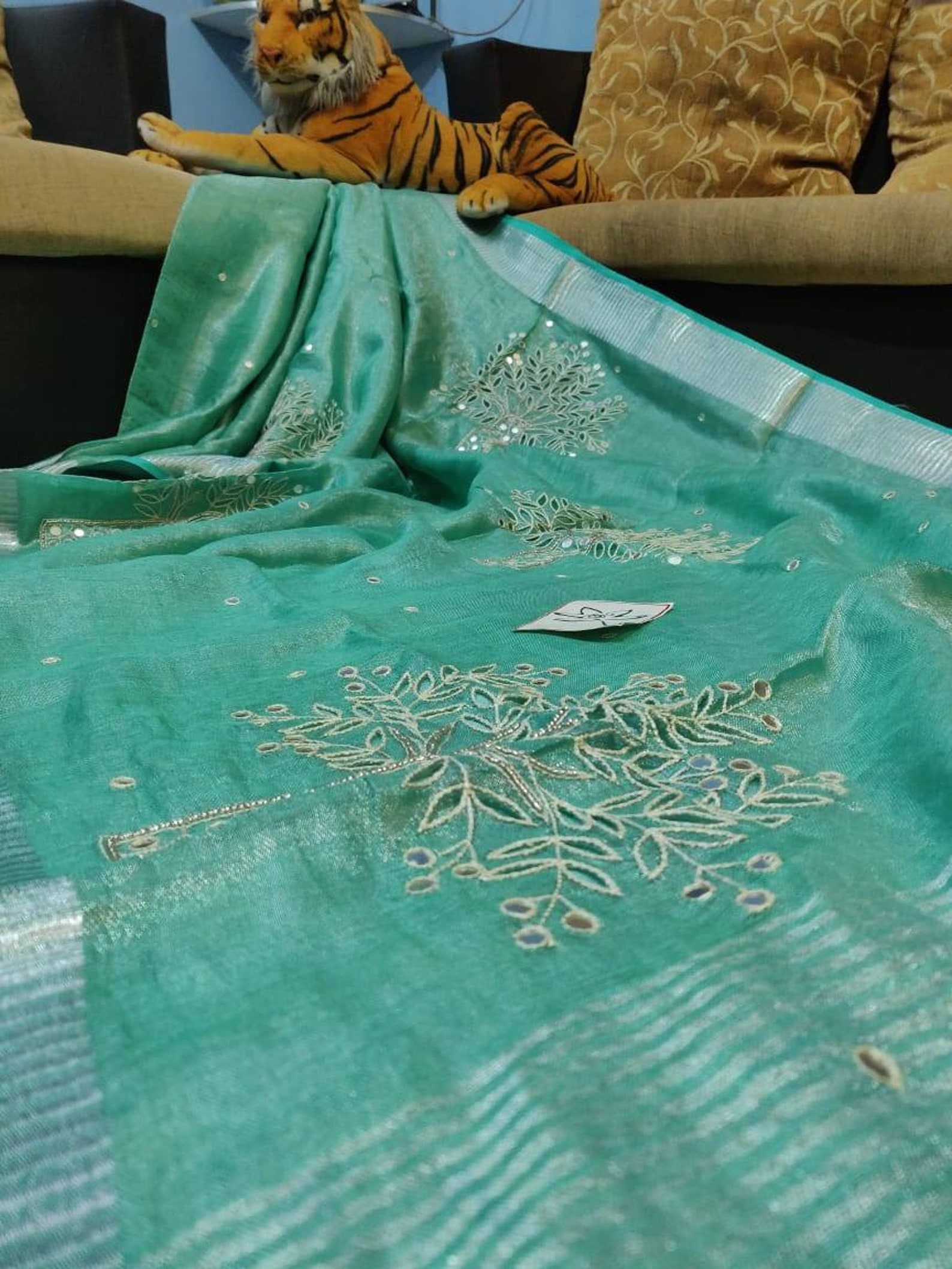 Exclusive 100 count tissue linen cutwork and mirror work saree | Etsy