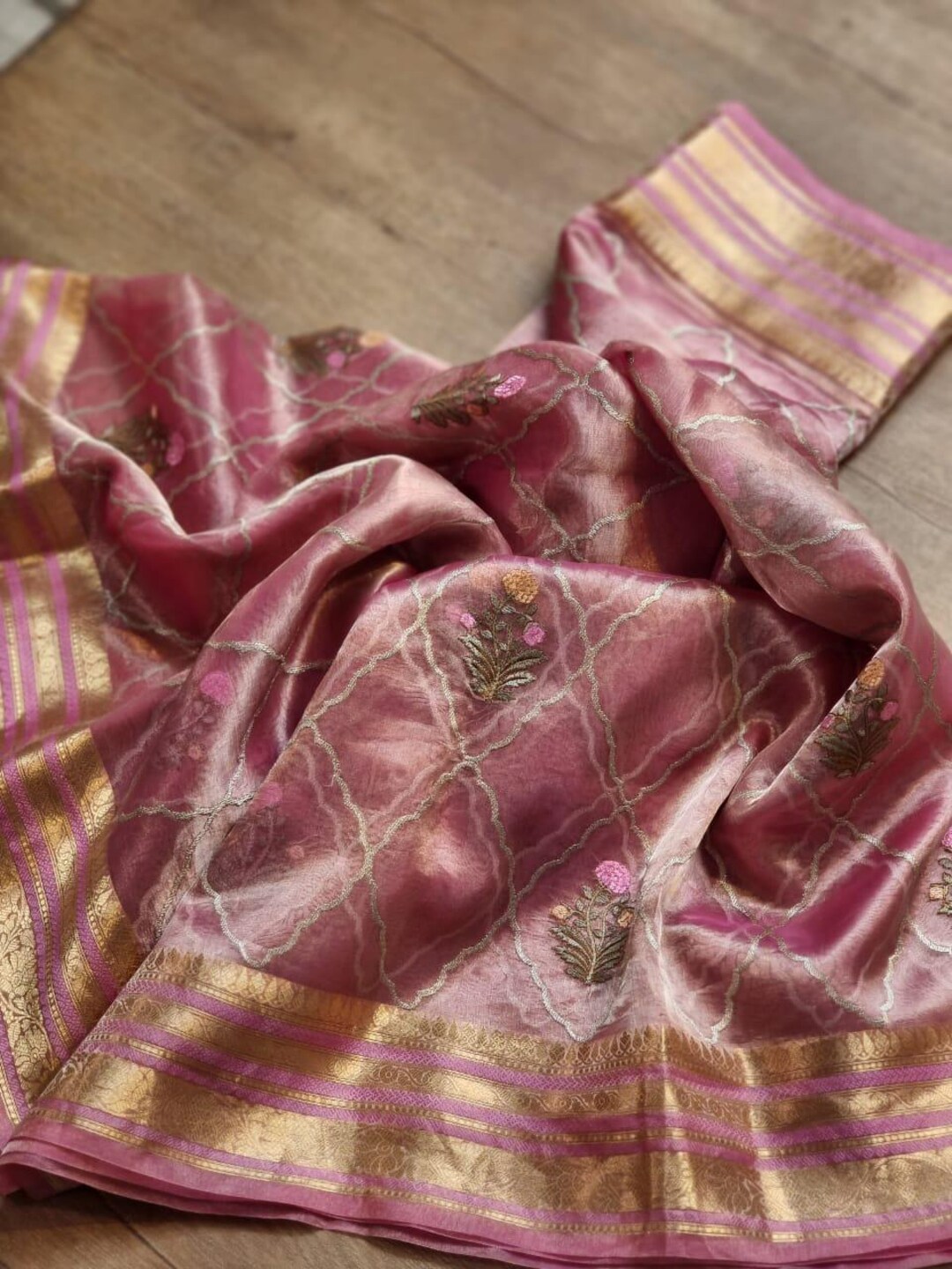Metallic Tissue Organza Saree: Banarasi Border, Jaal Embroidery - Etsy