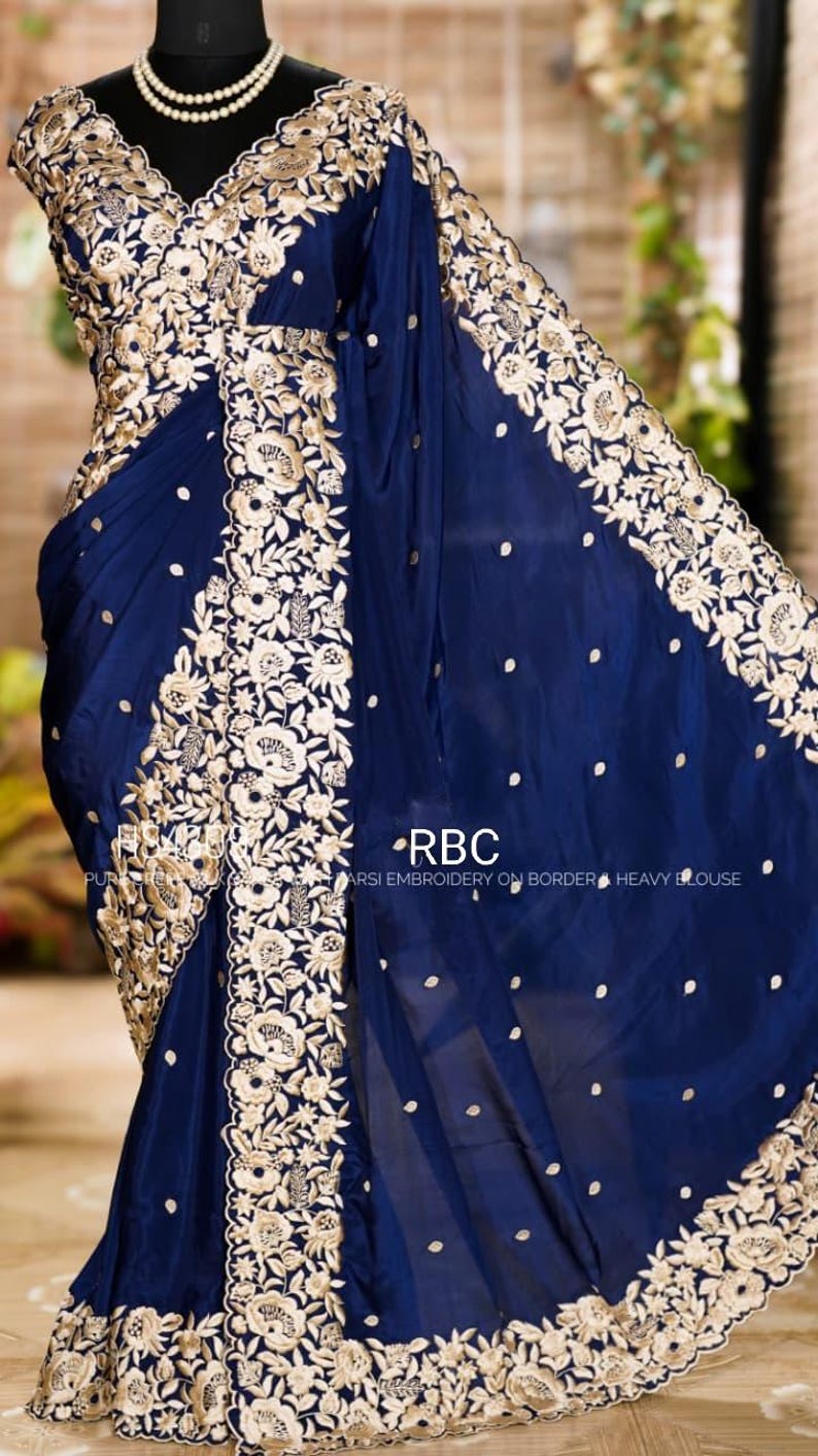 Parsi Gara Embroidary Work Saree in Blue Shades |crepe Silk | Party ...