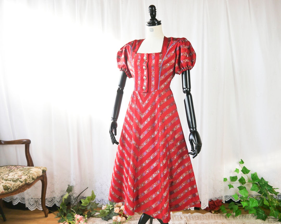 Vintage 40s Red Striped Silk Dress German Costume S - Etsy