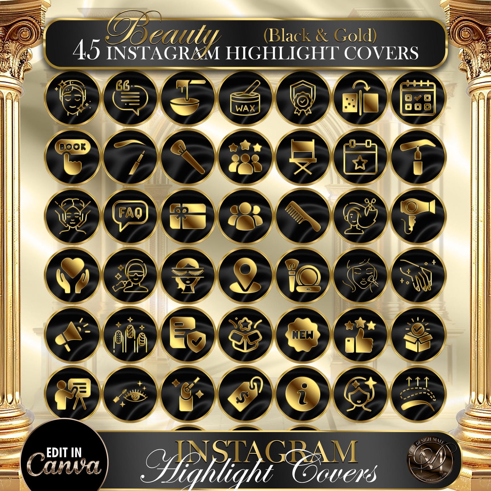 Gold Black Instagram Highlight Covers | Metallic IG Story Icons | Black ...
