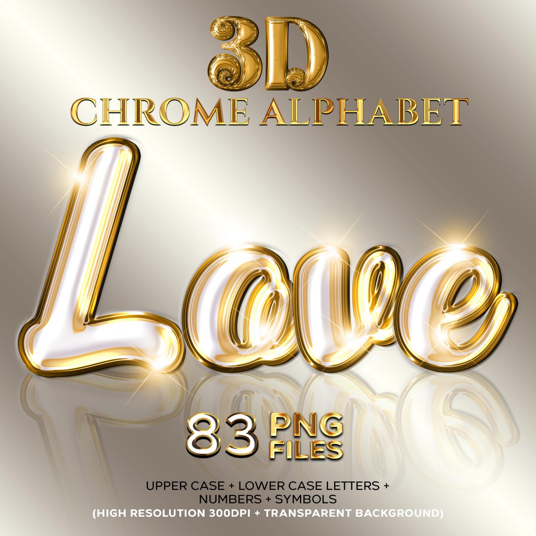 Gold White Chrome Alphabet Clip Art, 3D Luxury Metallic Letters ...