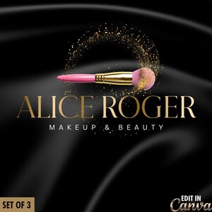 Luxury Makeup Logo Set, Gold Beauty Logo With Pink Brush, Editable ...