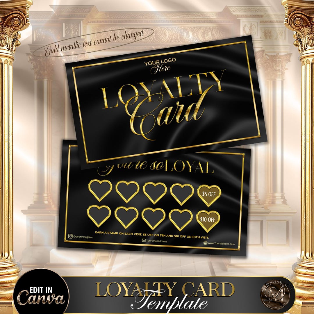 Black Gold Loyalty Card Template, DIY Rewards Card, Editable Canva ...