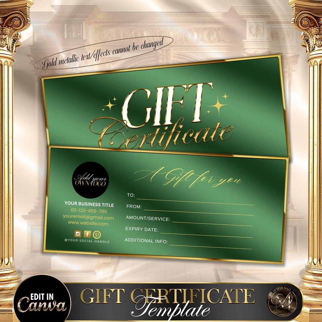 Green Gift Certificate Template, Editable Green Gift Card for Business ...