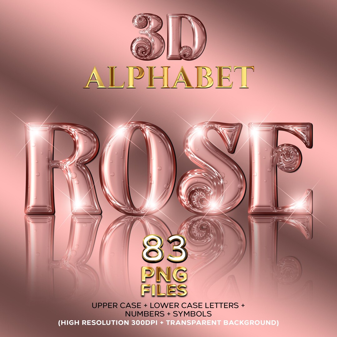 Rose Gold Foil Alphabet Clip Art, 3D Glitter Chrome Letters, Balloon ...