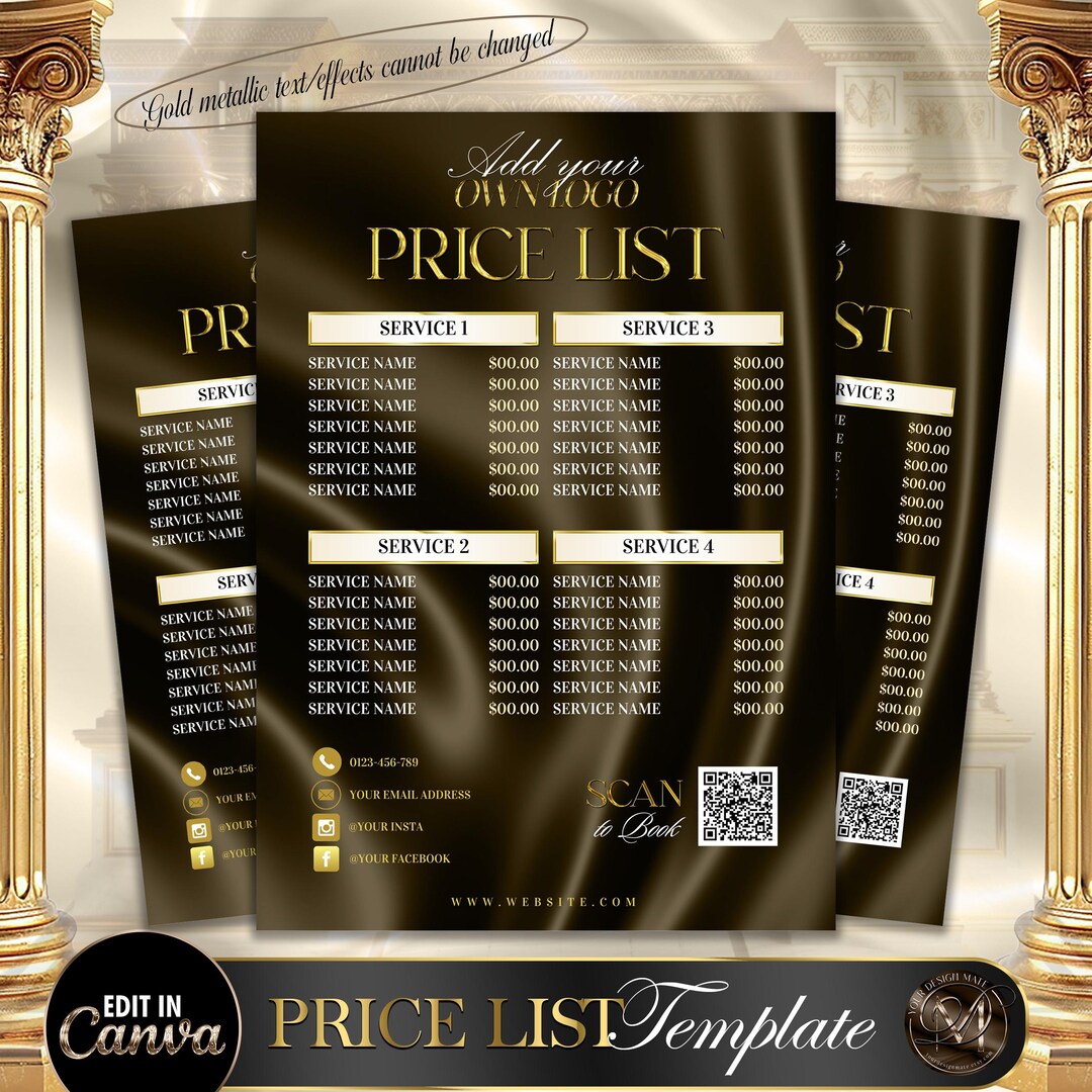 Luxury Brown Gold Price List Template, Editable Pricing Sheet, Business ...