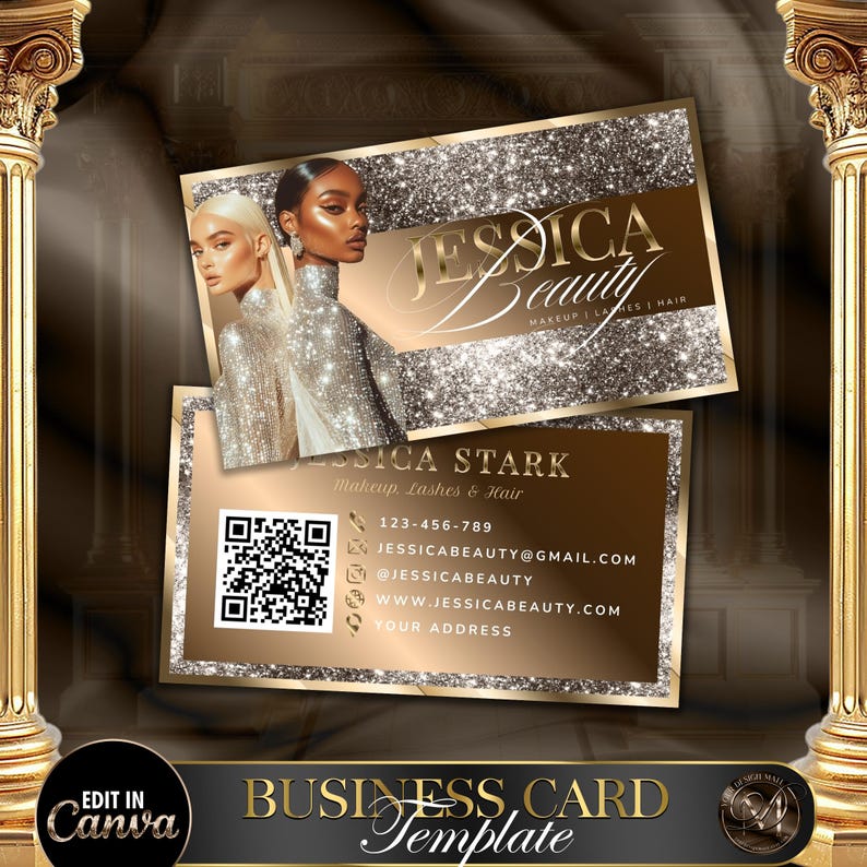 Gold Glitter Business Card Template Canva, Luxury Photo QR Code ...