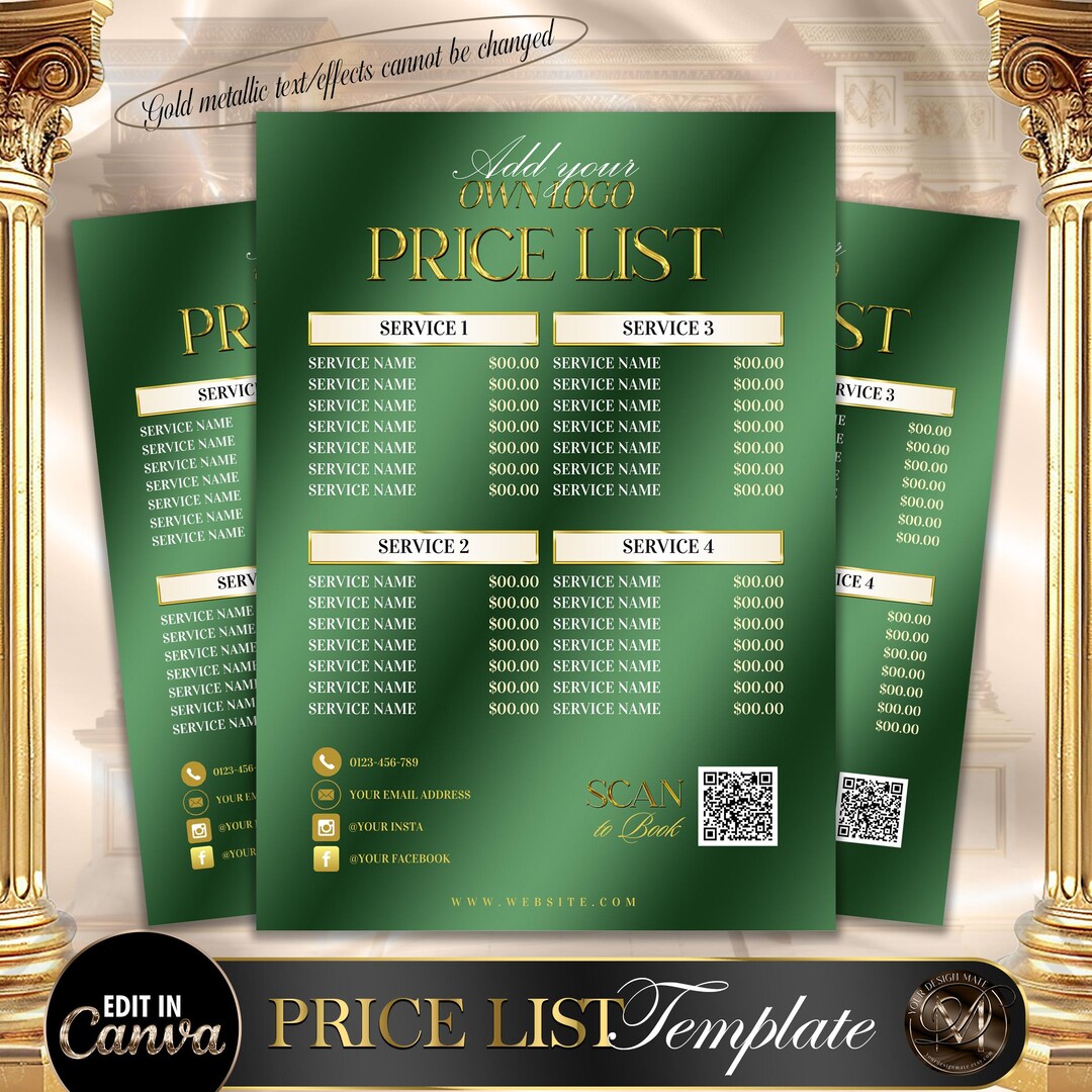 Emerald Green Price List Template, Luxe Beauty Salon Menu, Editable ...
