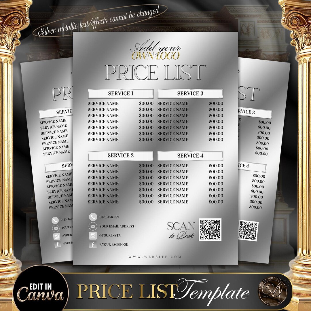 Silver Price List Template, Luxe Beauty Salon Menu, Editable Service ...