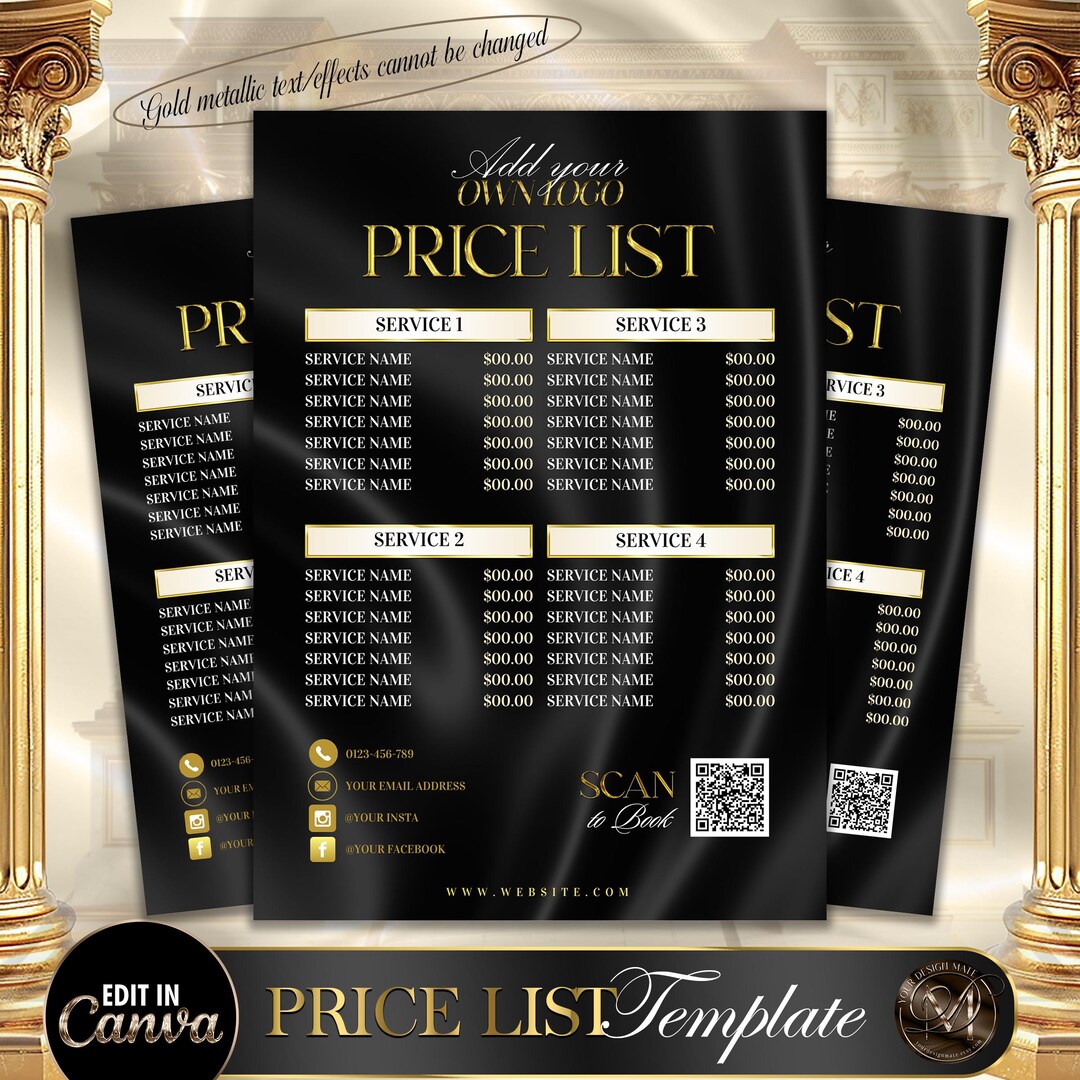 Black Gold Price List Template | Salon Price Menu | Beauty Service List ...