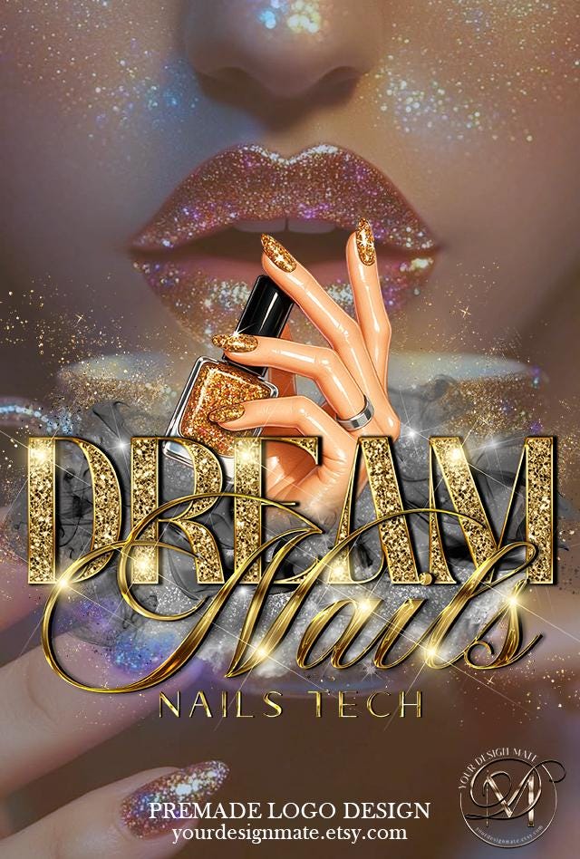 Gold Glitter Nails Logo, Luxury Premade Logo for Nail Tech, Glamorous ...