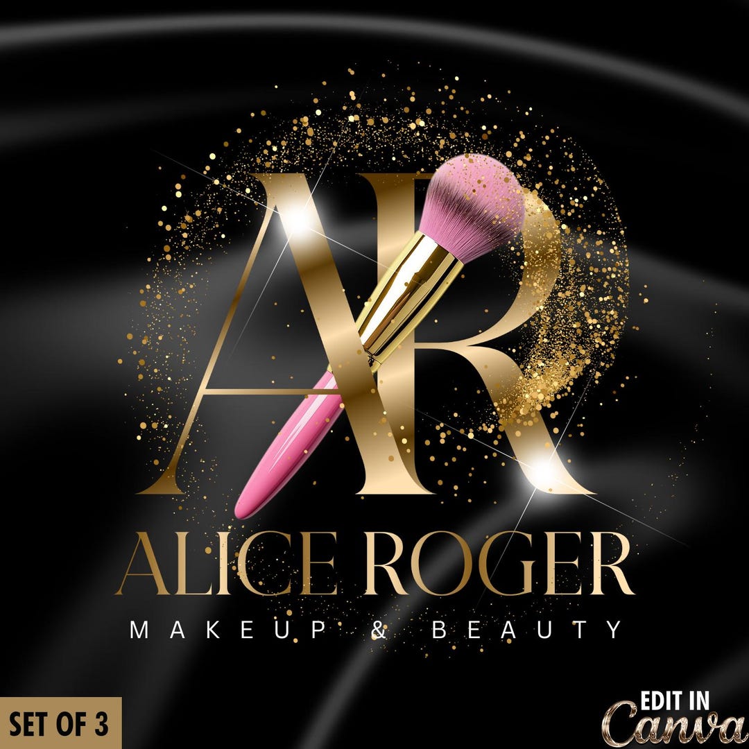 Luxury Makeup Logo Set, Gold Beauty Logo With Pink Brush, Editable ...