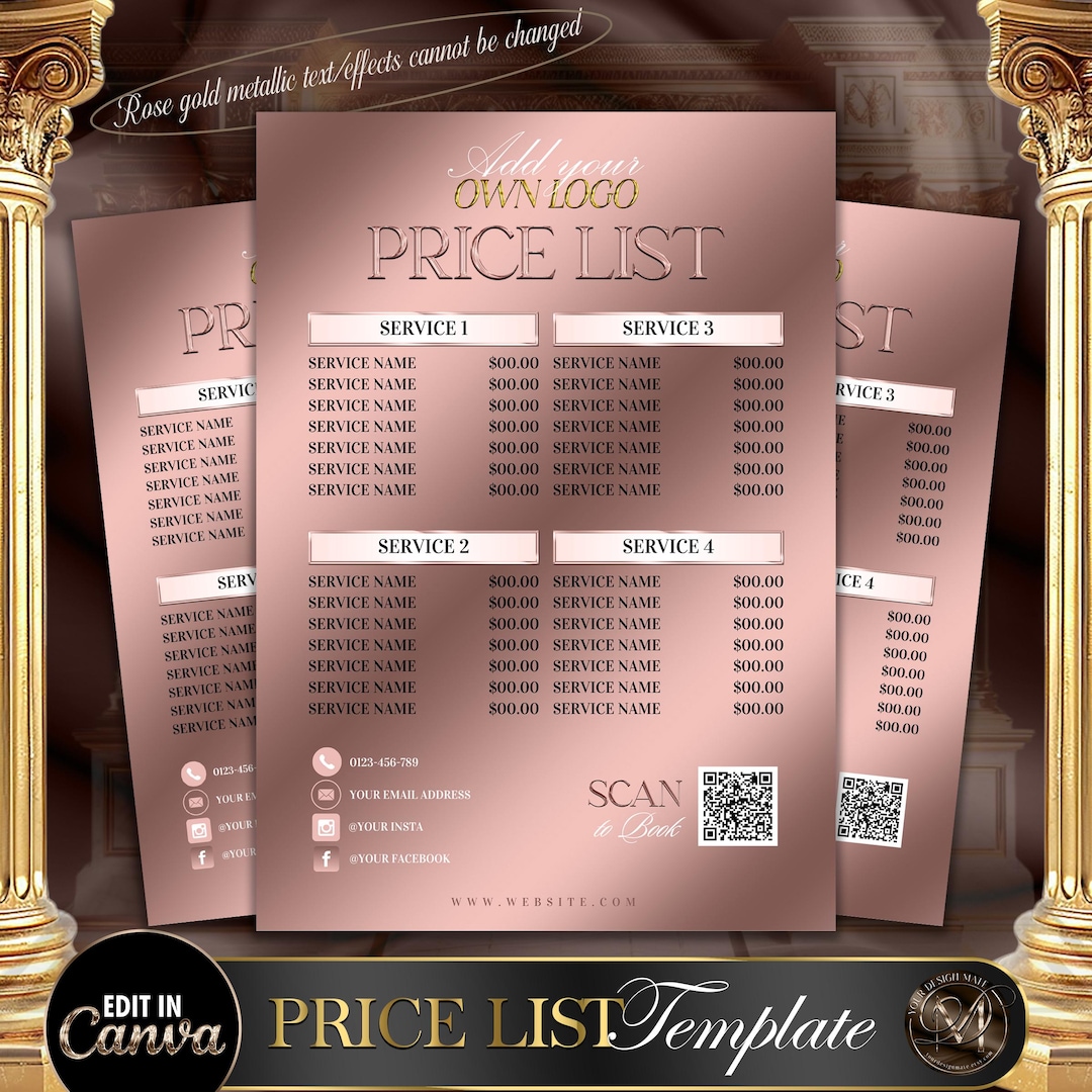 Rose Gold Price List Template, Blush Pink Service Menu, Elegant Pricing ...