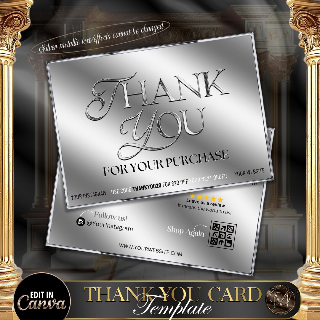 Silver Metallic Thank You Card, Luxury Silver Thank You Card Template ...