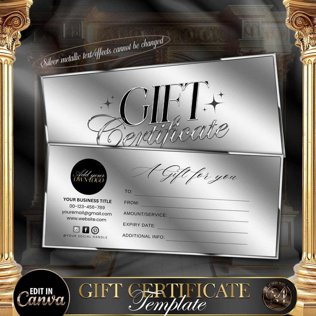 Silver Gift Certificate Template, DIY Beauty Voucher, Printable Gift ...