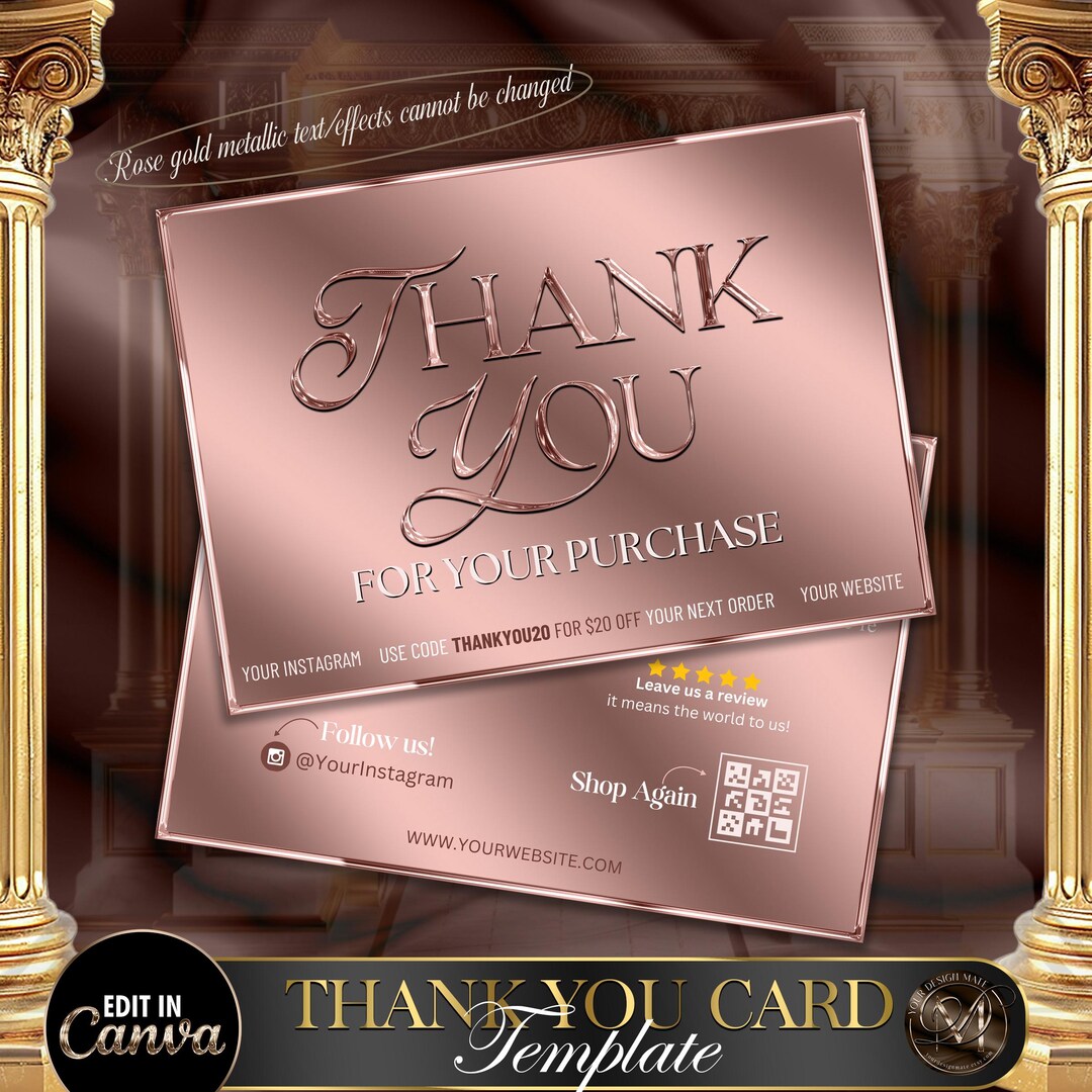 Rose Gold Thank You Card, Appreciation Card DIY Template for Salons, Spas & Studios ...