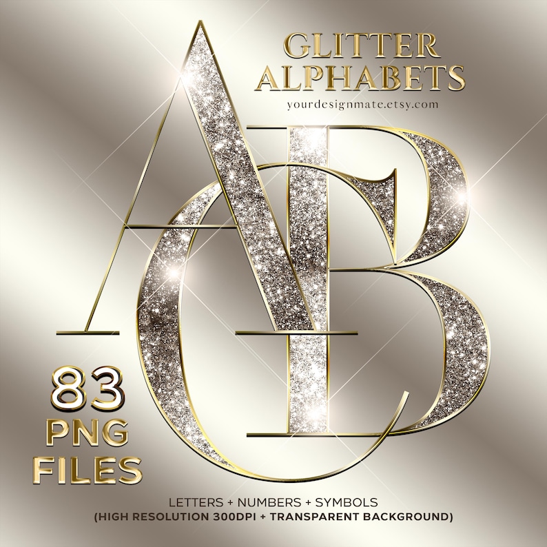 Silver Glitter Alphabet Clipart, Luxury Metallic Foil Letters, Numbers ...