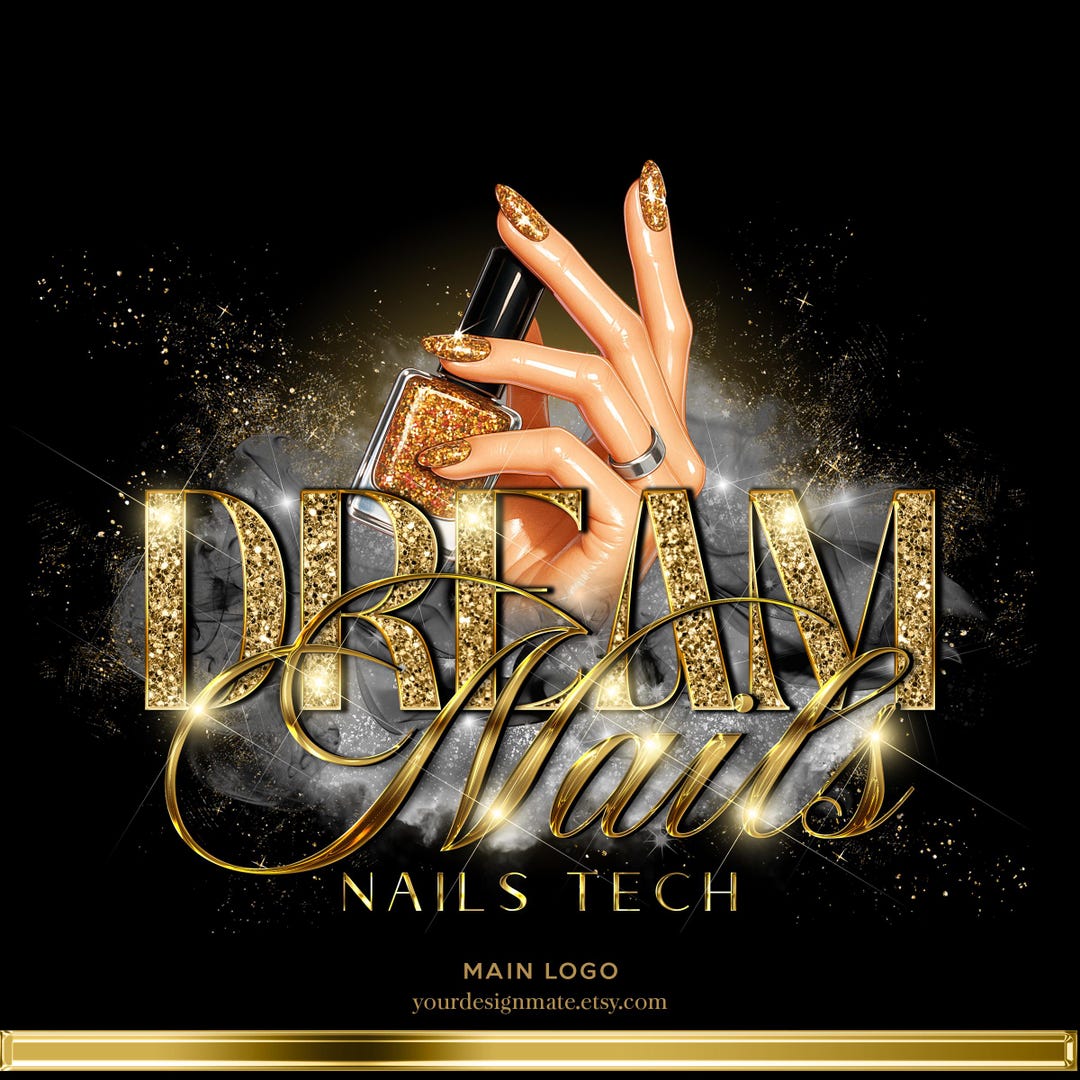 Gold Glitter Nails Logo, Luxury Premade Logo for Nail Tech, Glamorous ...