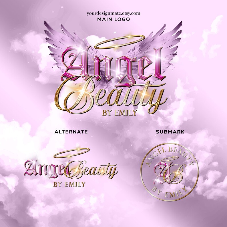 Pink Gold Angel Wings Logo With Halo – Luxury Feminine Premade Logo ...