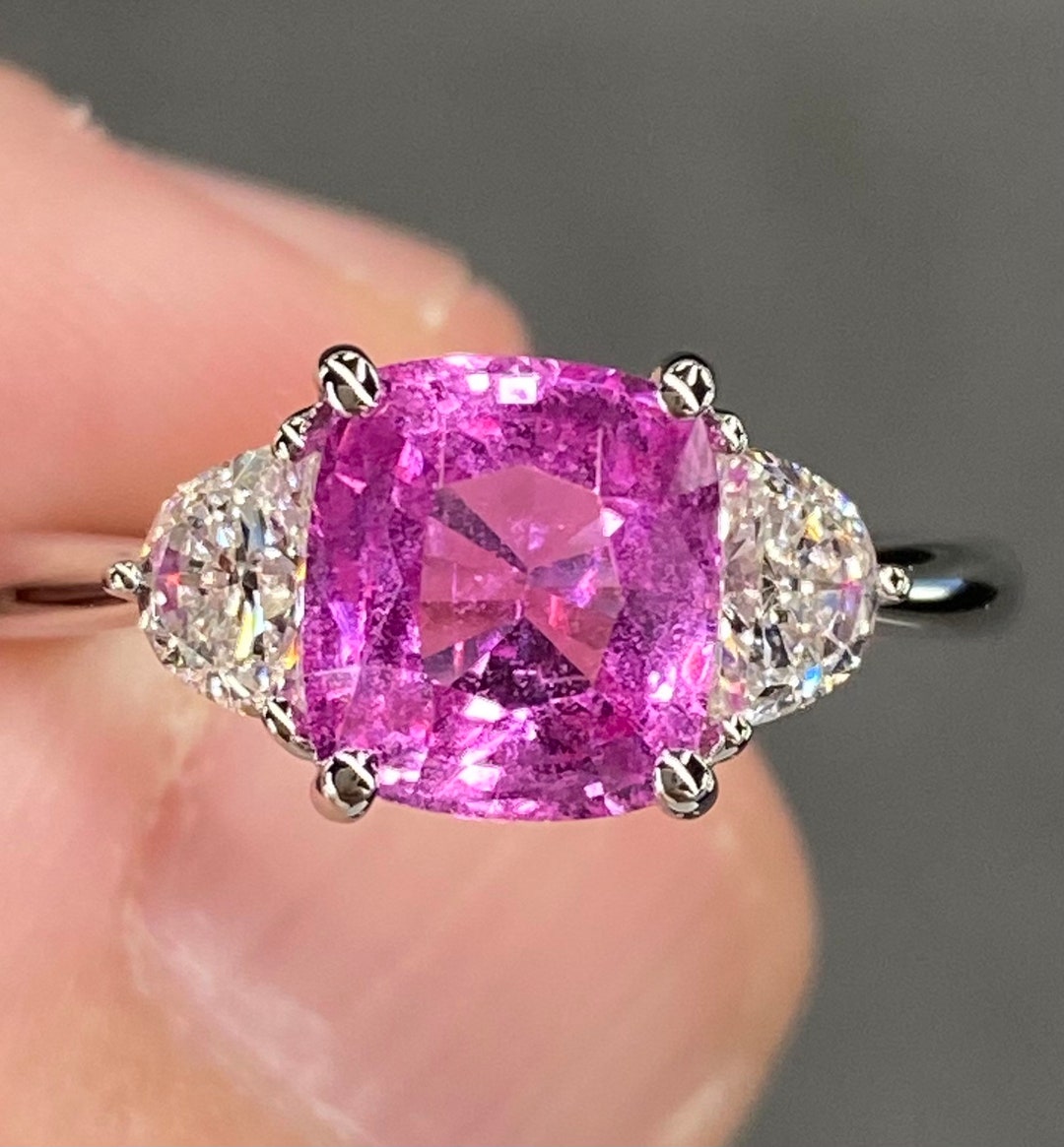 Stunning 3 Ctw Hot Pink Sapphire & F VVS Diamond Platinum Ring Cushion ...