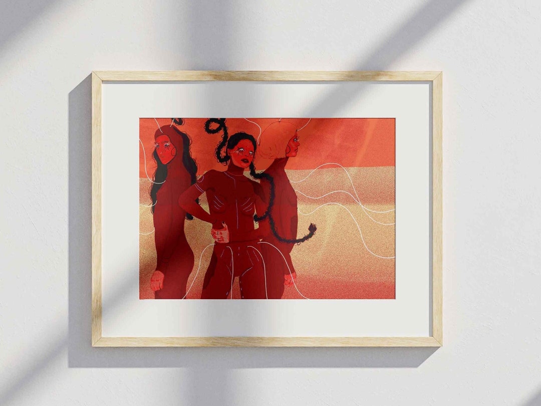 Surreal Retro Sci-fi Wire Angels Art Print | Red, Cyberpunk, Android ...
