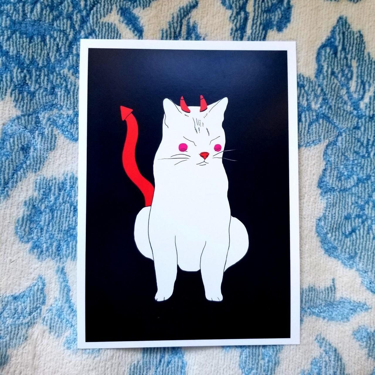 Devil Cat Art Print | Unframed (5x7) White Cat Artwork, Illustration ...