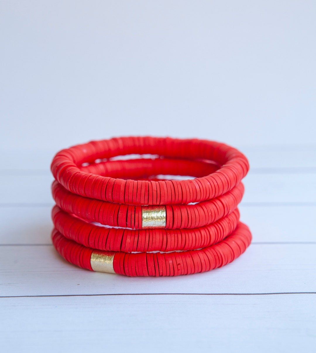 Red Clay Disc Stretch Bracelet 8mm 1 Bracelet Bright Red Polymer Clay ...