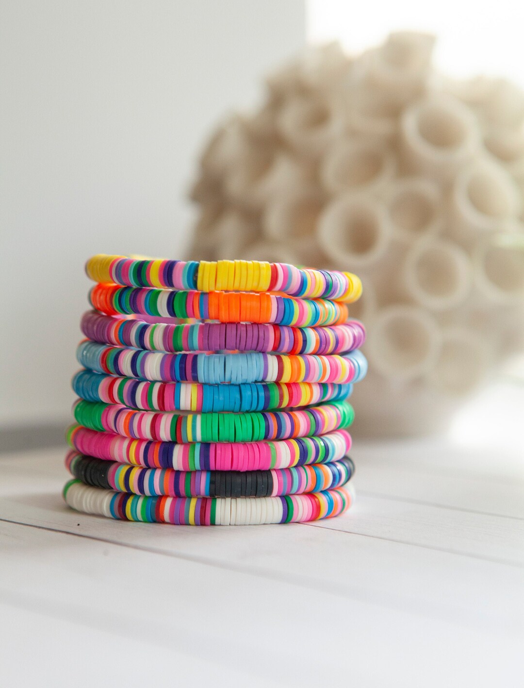 Rainbow Color Block Clay Disc Stretch Bracelet | 6mm | Choose Color ...