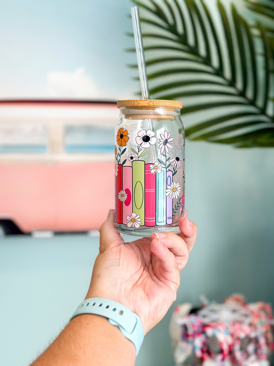 Book Lover Glass Can Cup | Books and Flowers | 16 Oz Libbey Cup | Iced ...