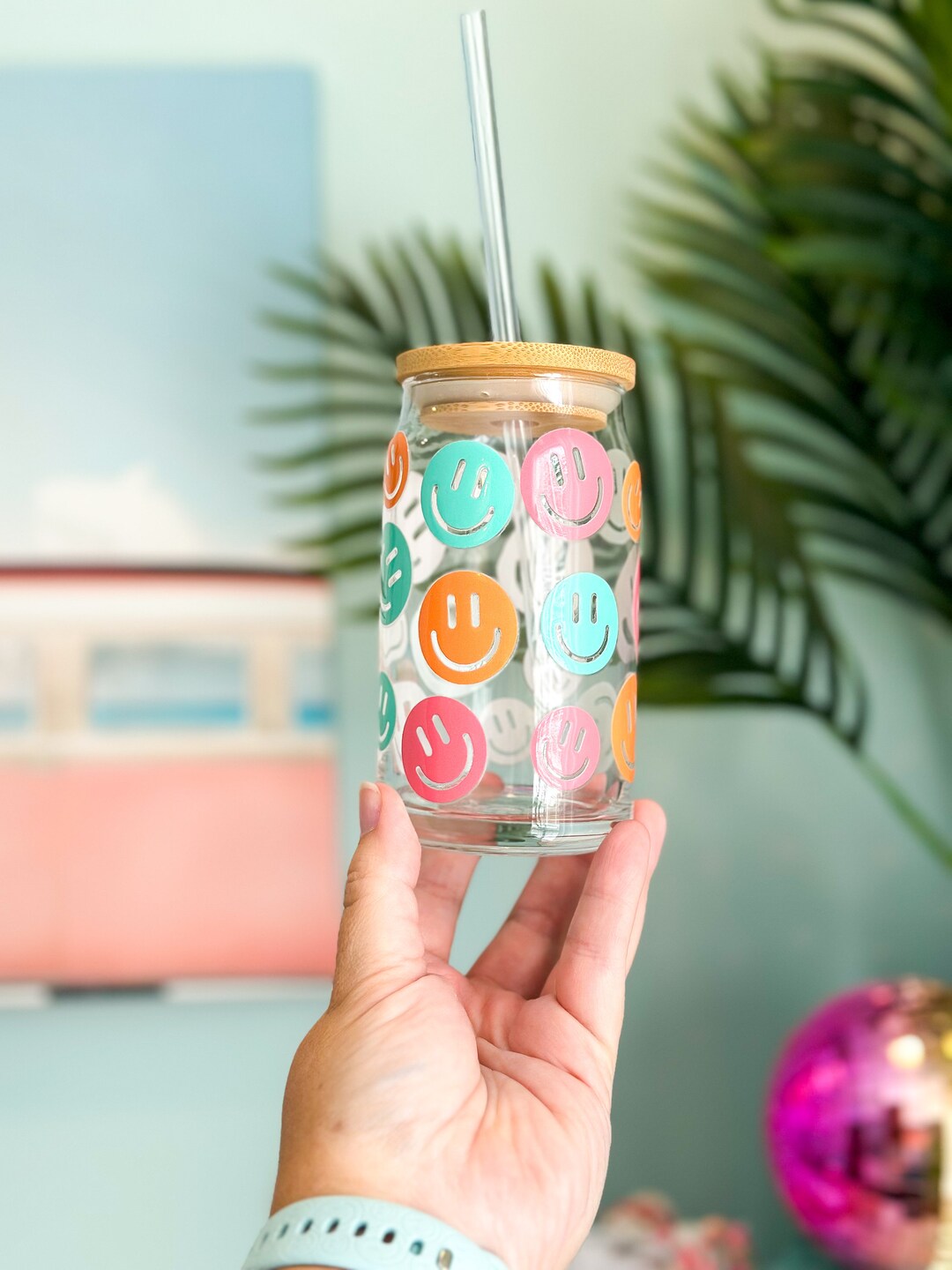 Fun Smiley Face Glass Can Cup Aqua Pink and Orange 16 Oz Libbey Cup ...