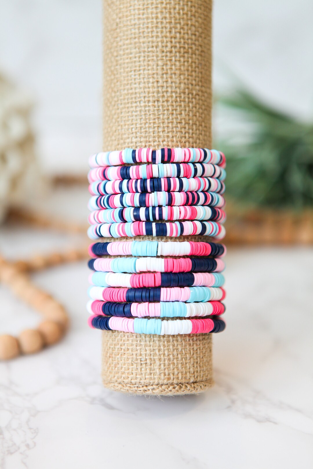 Preppy Stripe Clay Disc Stretch Bracelet 6mm Pink Blue Stripe Color ...